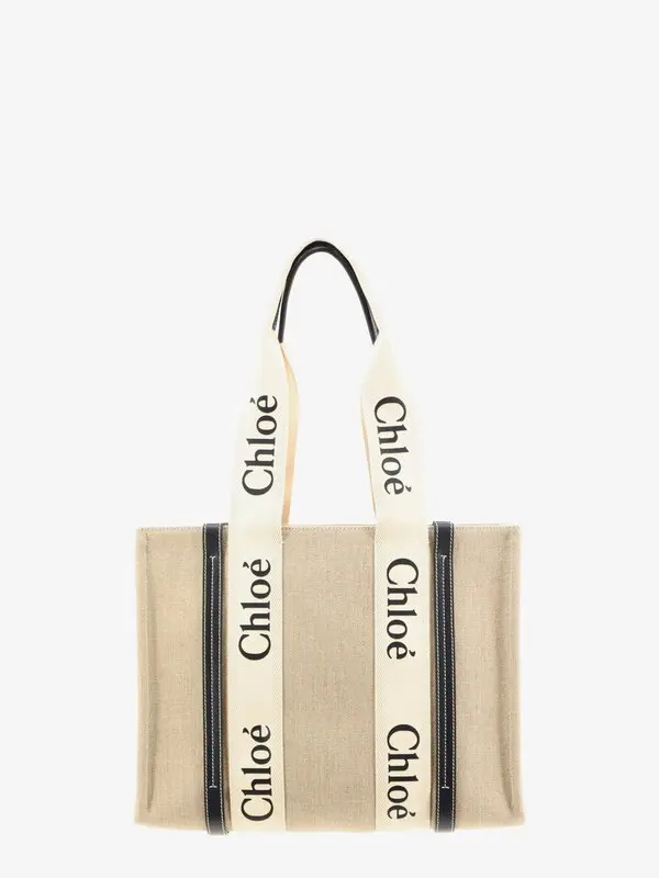 Chloé Woody Linen Shoulder Bag With Front Lettering Logo