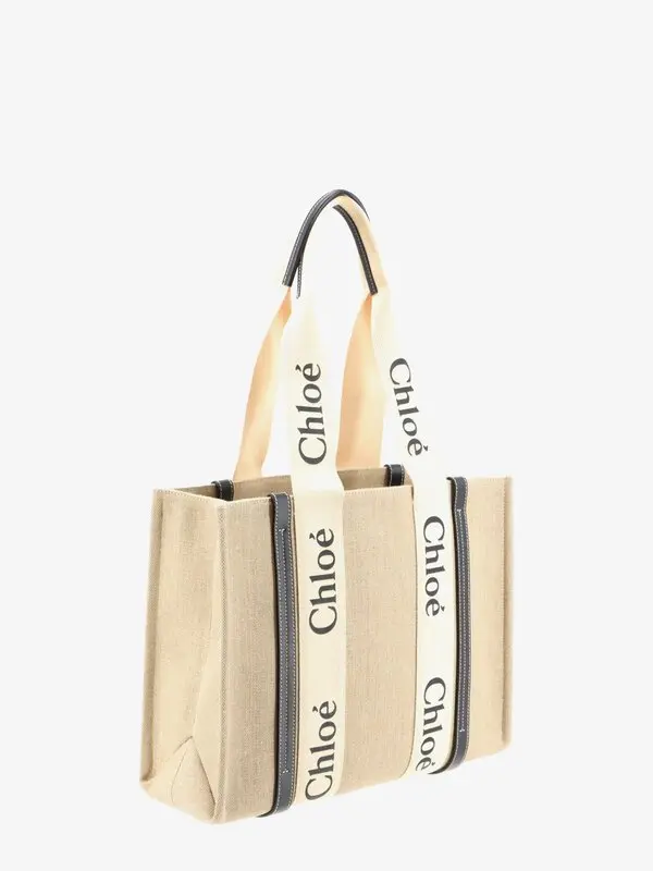 Chloé Woody Linen Shoulder Bag With Front Lettering Logo