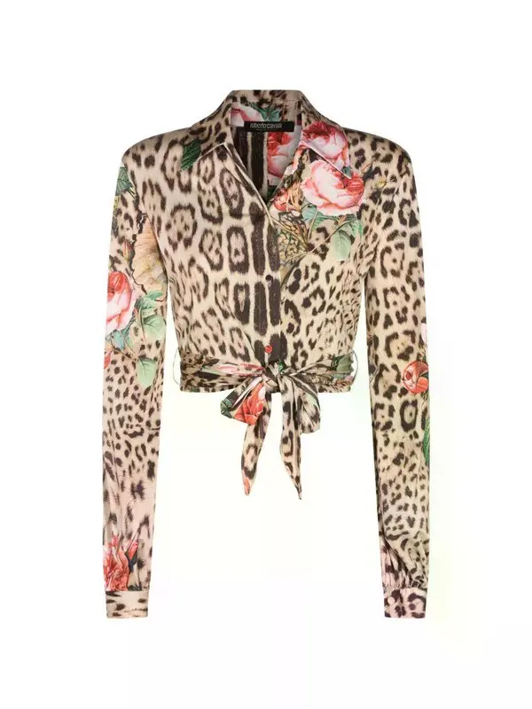 Roberto Cavalli Leopard And Floral Print Cropped Shirt - Neutrals