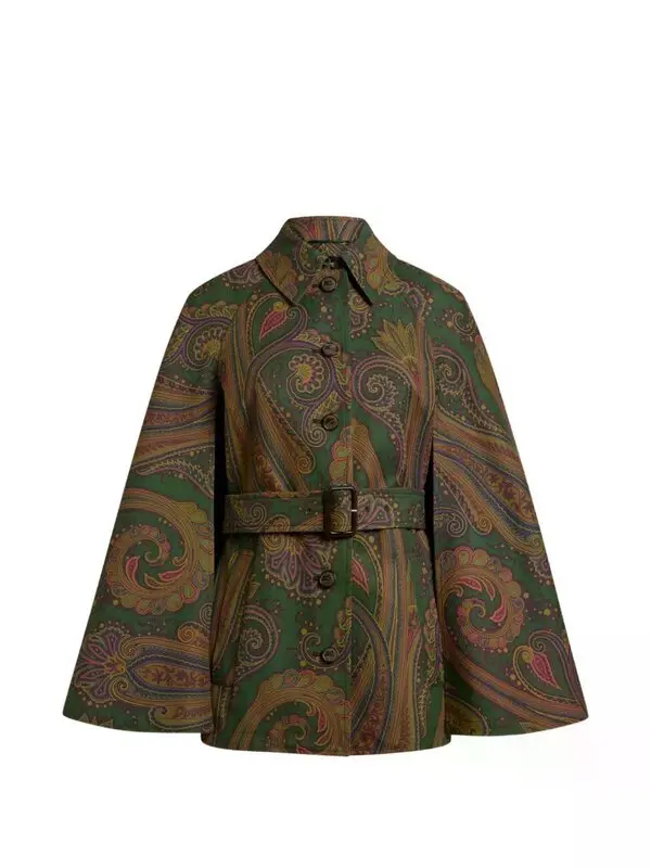 Etro Cotton Gabardine Trench Coat-style Cape With Paisley Motif - Green