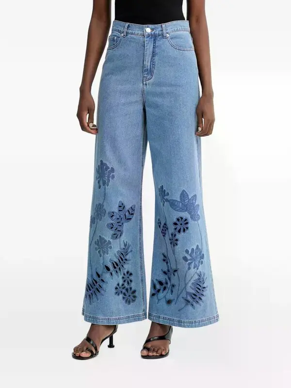 Munthe Ecube Floral-embroidered Cut-out Wide-leg Jeans - Blue