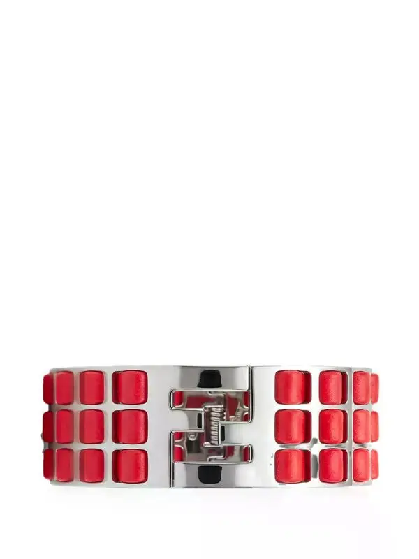 Fendi Ff Motif Leather-panelled Bracelet - Silver