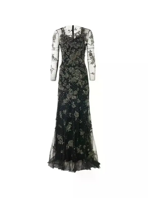 Carolina Herrera Trumpet Gown With Pewter Floral Embroidery - Black