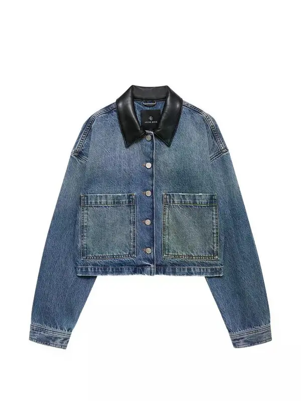 ANINE BING Yuma Cropped Denim Jacket With Leather Collar - Blue