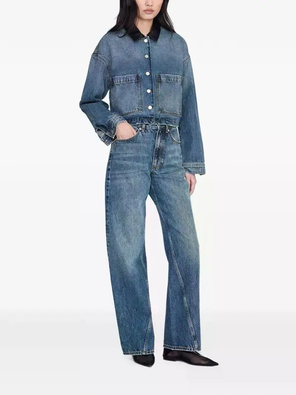ANINE BING Yuma Cropped Denim Jacket With Leather Collar - Blue