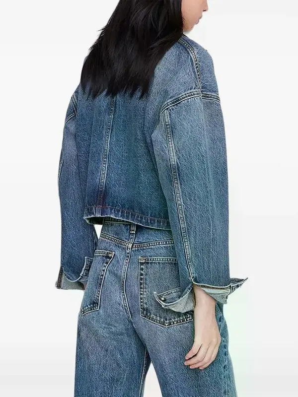 ANINE BING Yuma Cropped Denim Jacket With Leather Collar - Blue