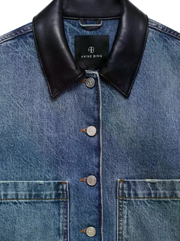 ANINE BING Yuma Cropped Denim Jacket With Leather Collar - Blue