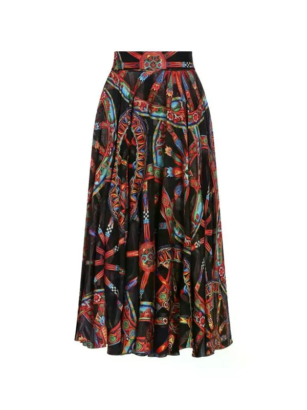 Dolce & Gabbana Long Circle Skirt In Carretto-print Devoré Twill - Black
