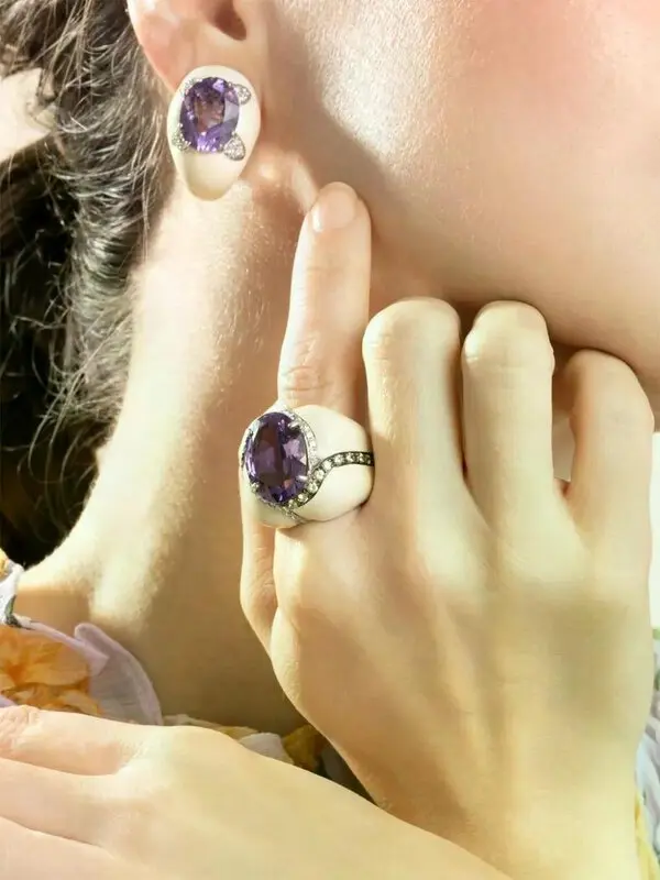 ANDREOLI Oval Amethyst And Diamond Ring In 18k White Gold