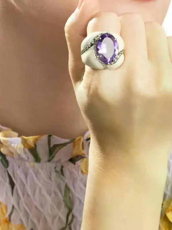 ANDREOLI Oval Amethyst And Diamond Ring In 18k White Gold