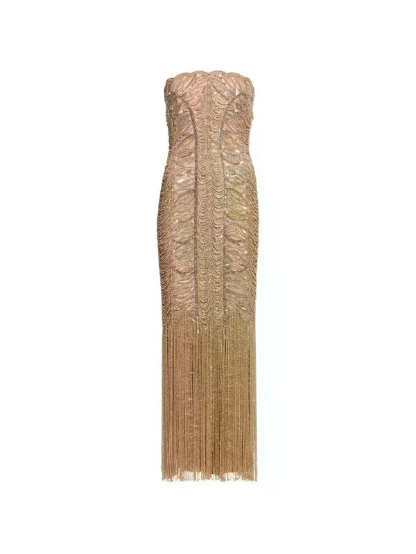 Elie Saab Bead-embroidered Fringed Maxi Dress - Gold