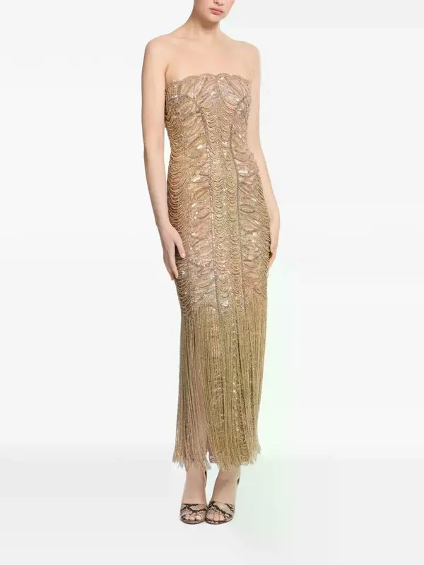 Elie Saab Strapless Beaded Fringe Maxi Dress