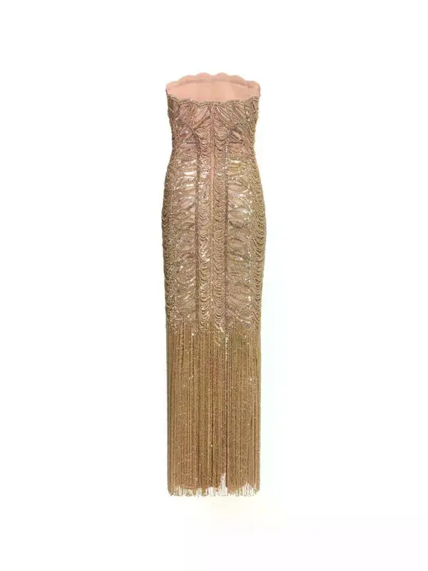 Elie Saab Strapless Beaded Fringe Maxi Dress In Gold - 30% Off