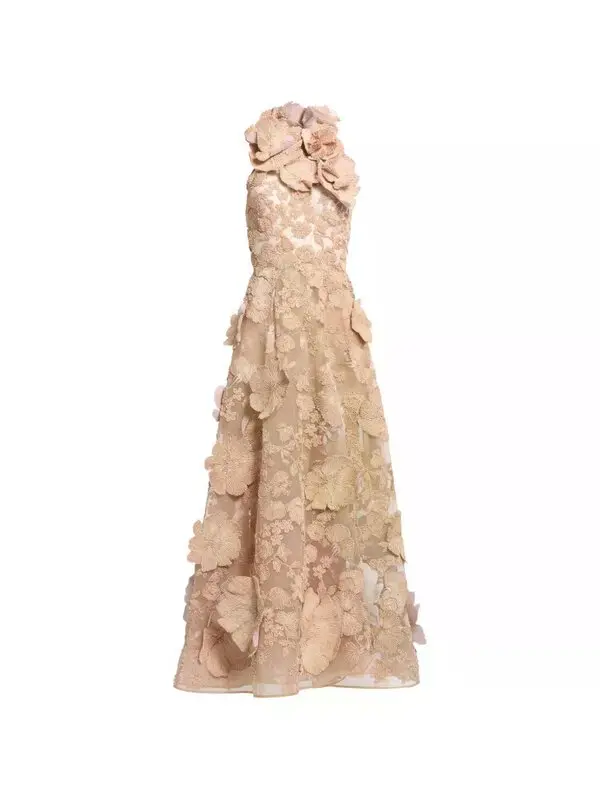 Elie Saab Raffia Embroidered Tulle Maxi Dress - Neutrals