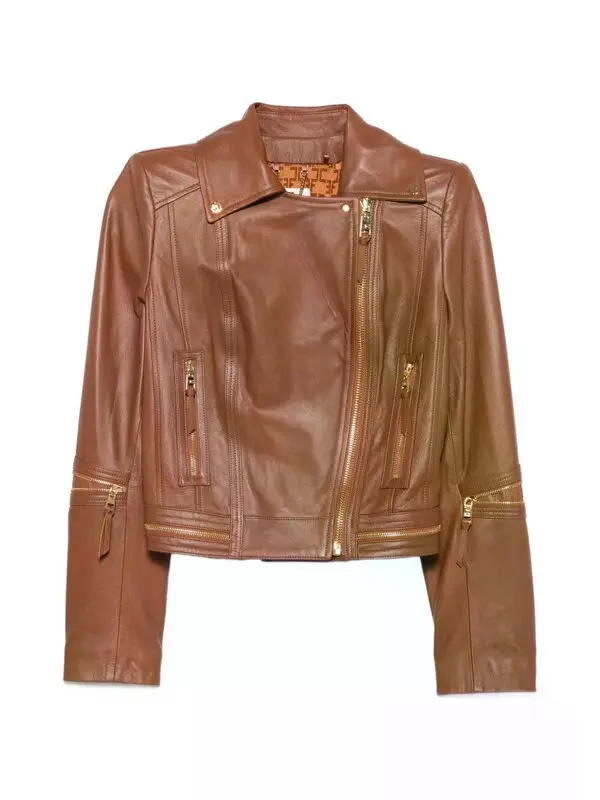 Elisabetta Franchi Leather Zipped Biker Jacket - Brown