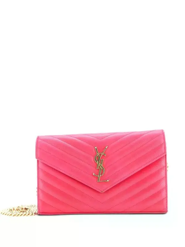 Saint Laurent Classic Monogram Wallet On Chain Matelasse Chevron Leather Medium Crossbody Bag - Pink