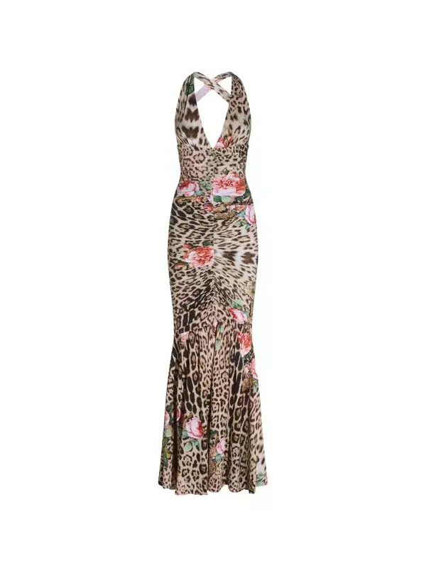 Roberto Cavalli Jaguar And Floral Print Maxi Dress - Neutrals