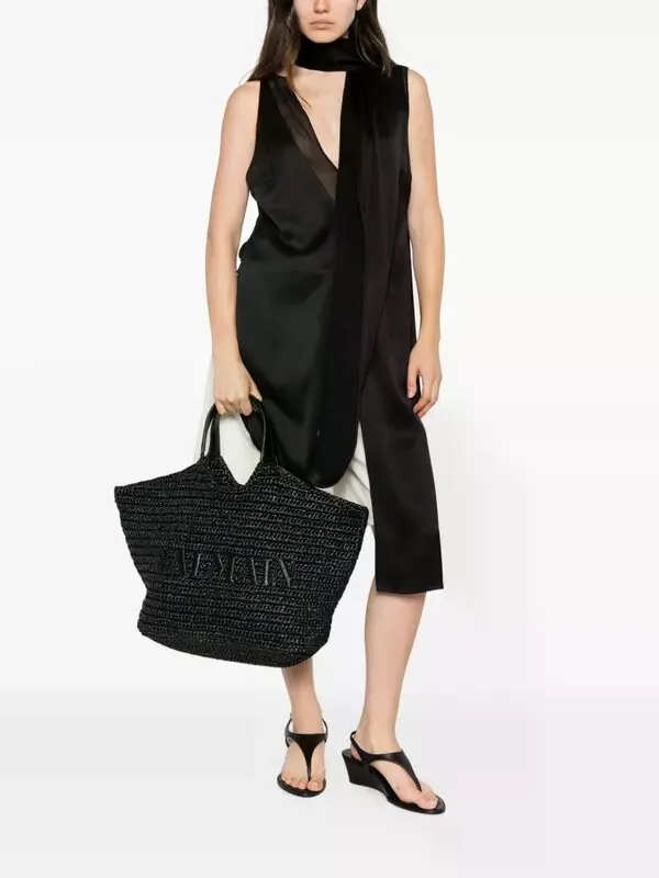 Balmain Logo Embroidered Woven Shoulder Bag - Black