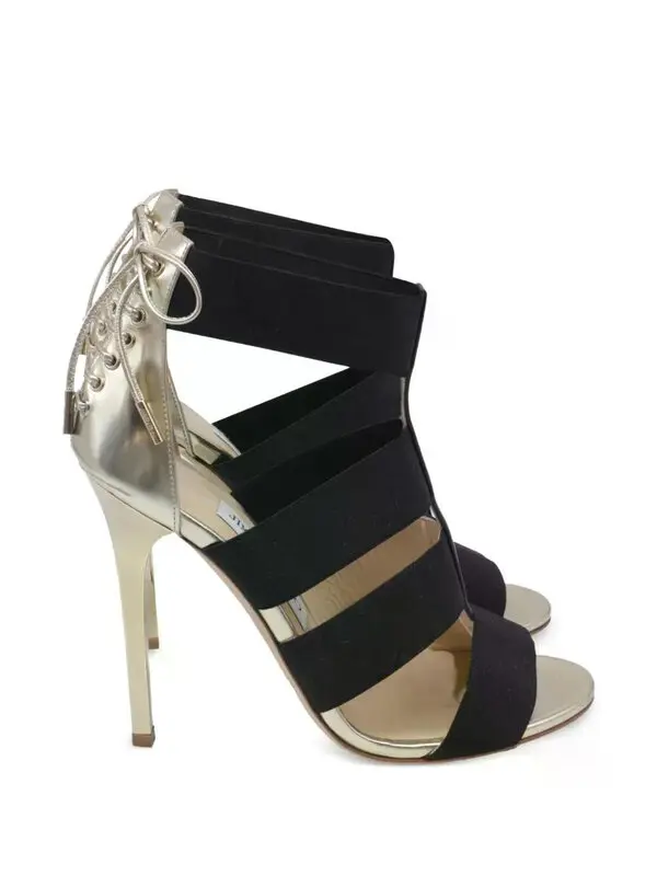 JIMMY CHOO Gold-tone Leather Elastic Strap Stiletto Sandals - Black