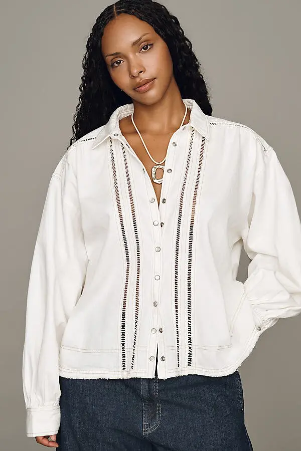 PILCRO Cotton Lace Buttondown Shirt