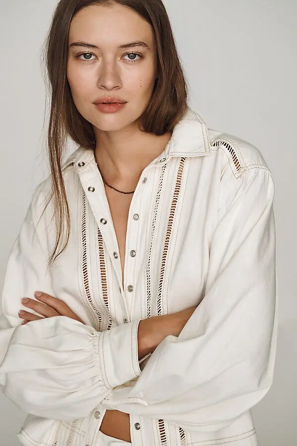 PILCRO Cotton Lace Buttondown Shirt