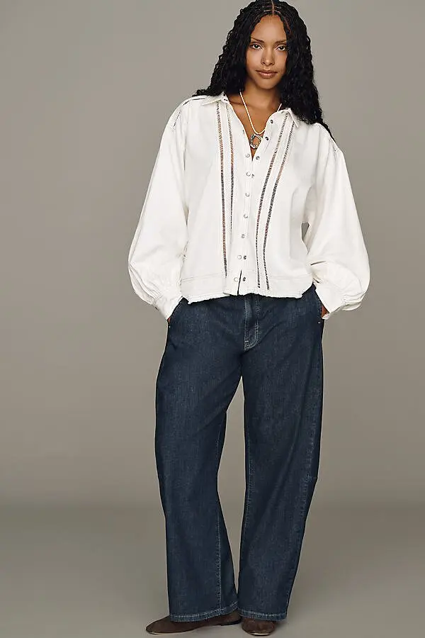 PILCRO Cotton Lace Buttondown Shirt