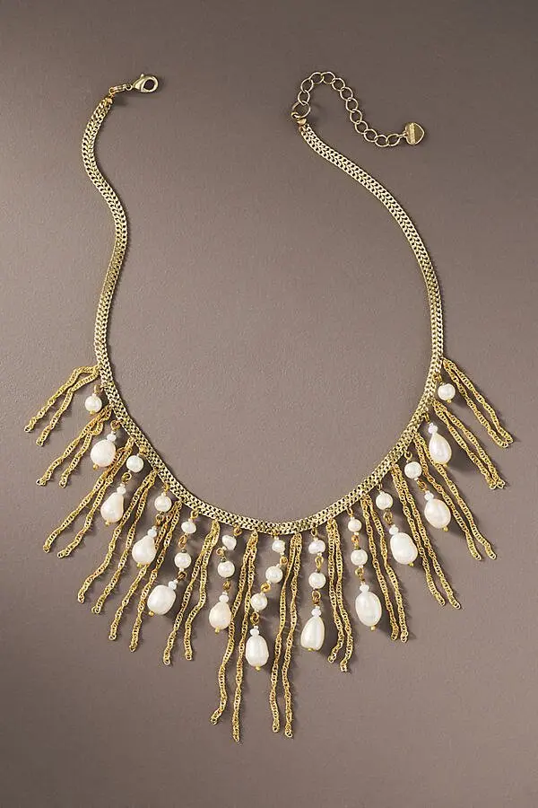 Anthropologie Toned Metal And Freshwater Pearl Dangle Fringe Necklace - Gold