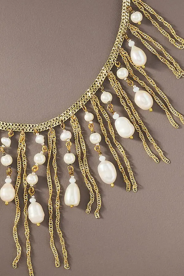 Anthropologie Toned Metal And Freshwater Pearl Dangle Fringe Necklace
