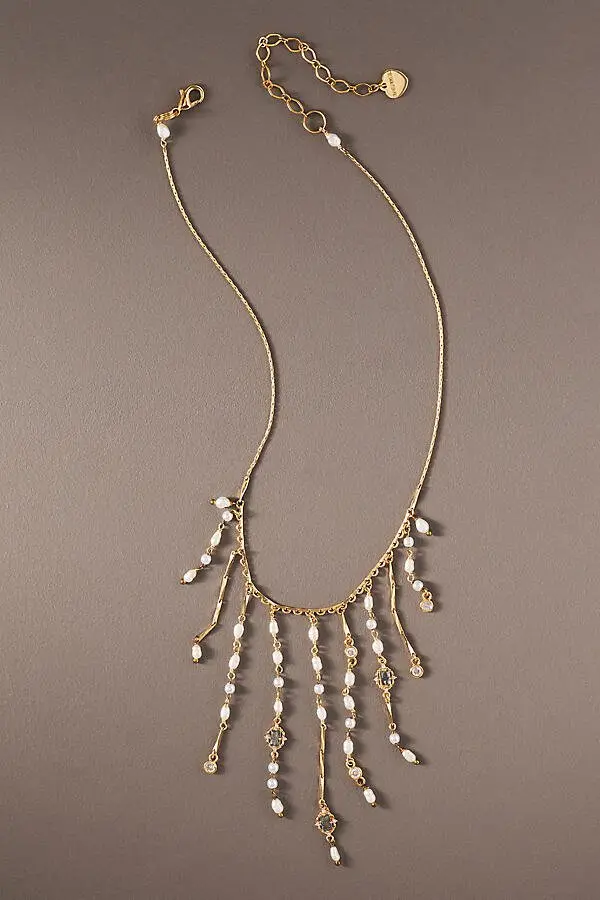 Anthropologie Dainty Tassel Necklace With Freshwater Pearls And Crystals - Gold