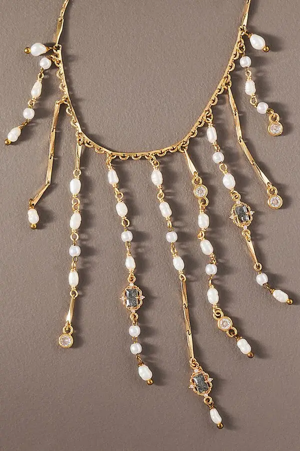 Anthropologie Dainty Tassel Necklace With Freshwater Pearls And Crystals