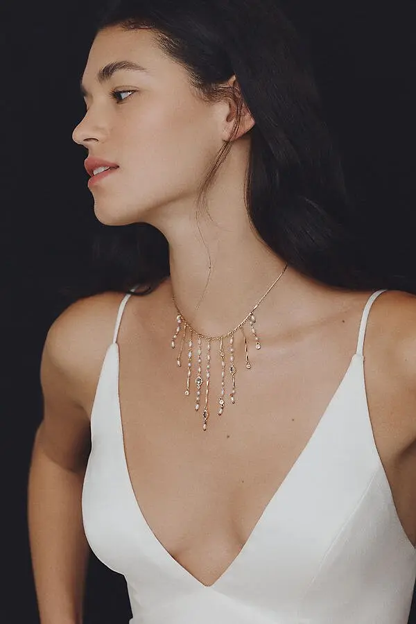 Anthropologie Dainty Tassel Necklace With Freshwater Pearls And Crystals