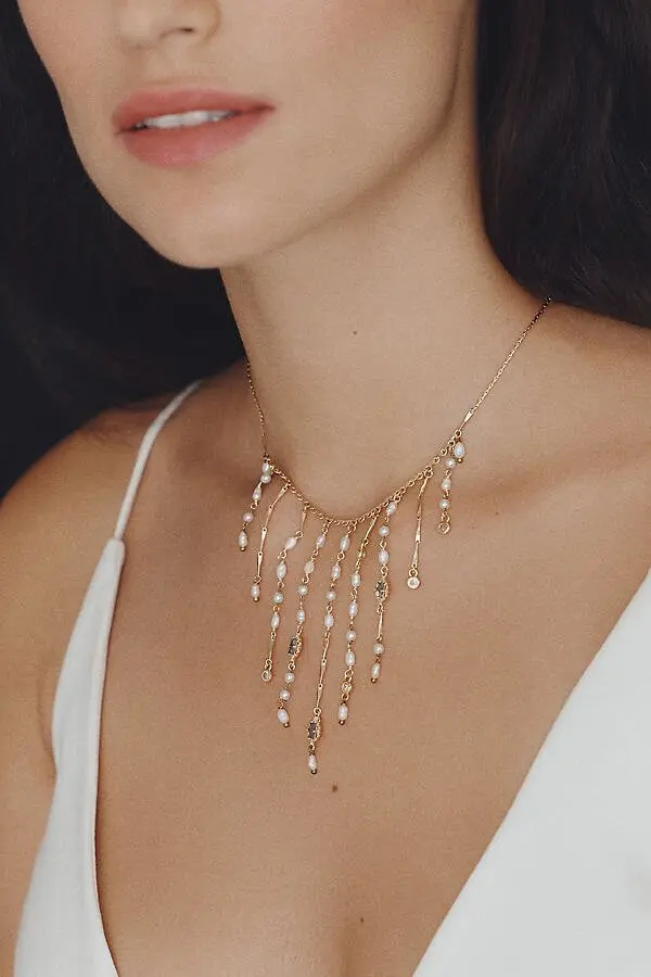 Anthropologie Dainty Tassel Necklace With Freshwater Pearls And Crystals
