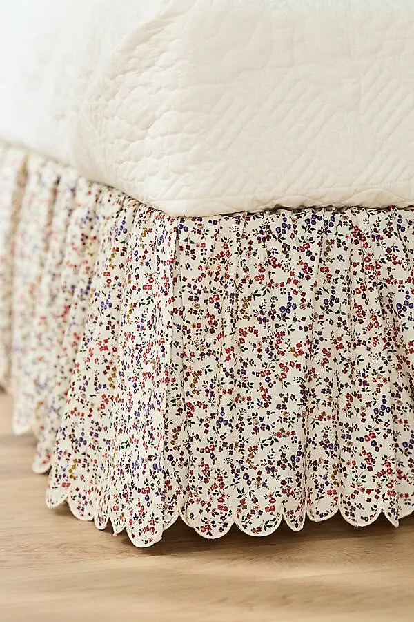 Anthropologie Bristol Cotton Floral Scalloped Edge Bed Skirt - Neutral Pattern