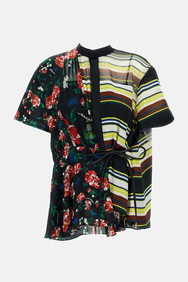 Sacai Mixed Print Blouse With Faux Leather Belt - Multicolor