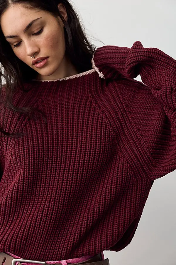 Free People Low Tide Knit Pullover - Cabernet Combo
