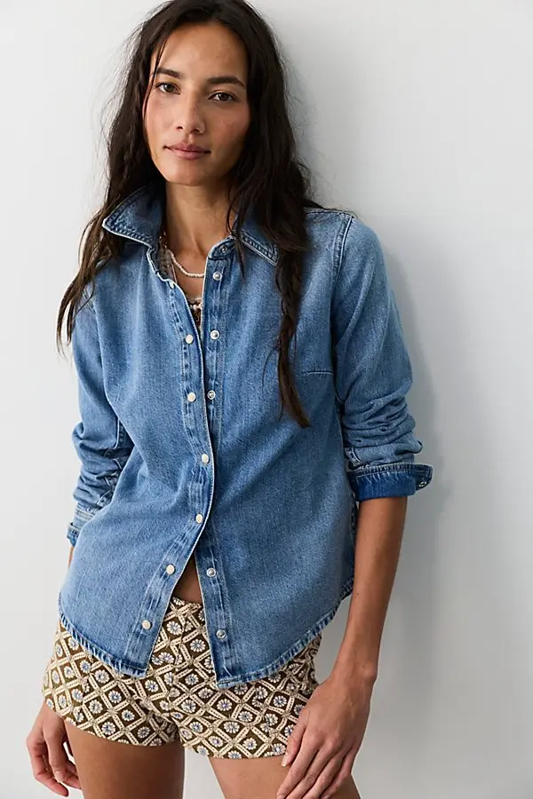 Free People We The Free Benny Slim Denim Button Down Top - Denim Light
