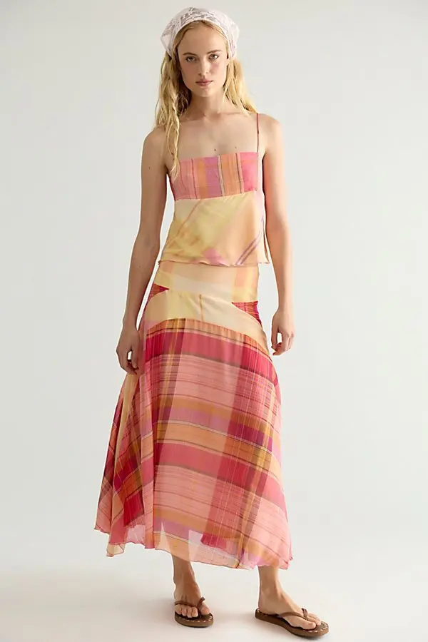 Free People Breezy Plaid Midi Skirt Set - Pink Combo