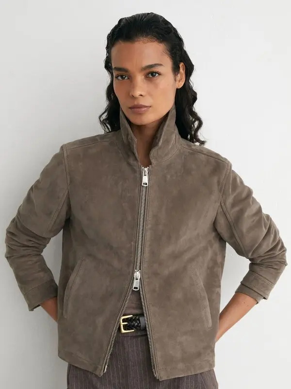 REISS Suede Zip-through Moto Jacket