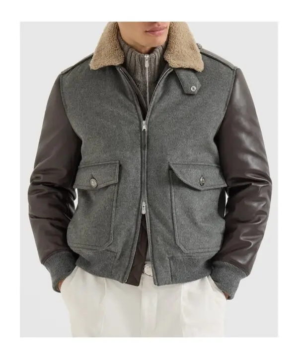Brunello Cucinelli Bonded Cashmere Beaver Cloth And Nappa Leather Bomber Jacket With Thermore Padding And Detachable Shearling Collar - Medium Gray