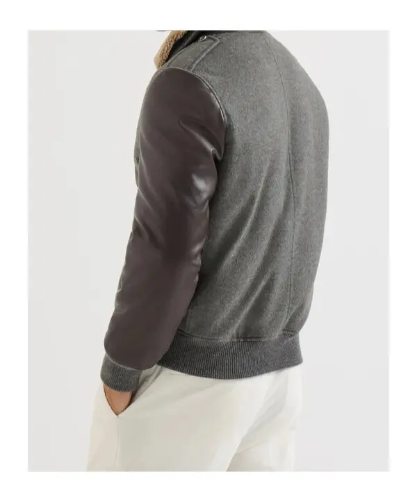 Brunello Cucinelli Bonded Cashmere Beaver Cloth And Nappa Leather Bomber Jacket With Thermore Padding And Detachable Shearling Collar - Medium Gray