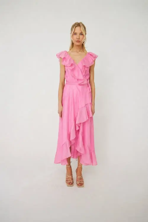 CRAS Landon Ruffle Detail Wrap Midi Dress - Pink