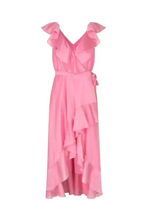 CRAS Landon Ruffle Detail Wrap Midi Dress - Pink