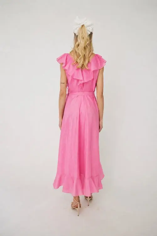 CRAS Landon Ruffle Detail Wrap Midi Dress - Pink
