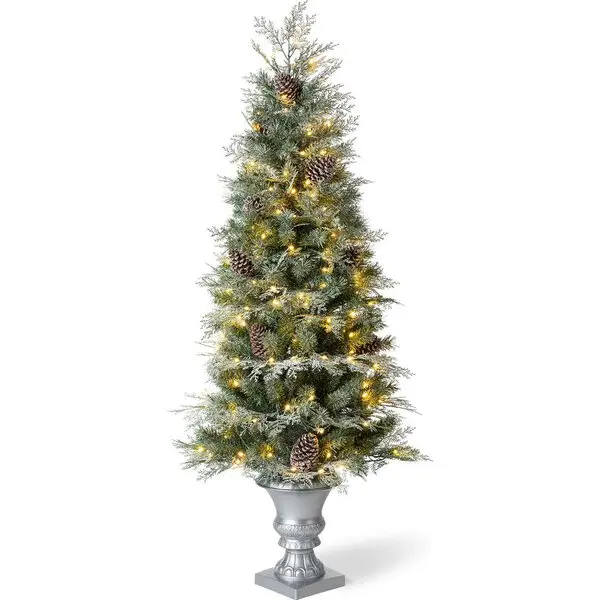 GLITZHOME 5ft Pre-lit Pine Artificial Christmas Porch Tree With 180 Warm White Lights