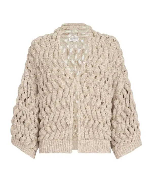 Brunello Cucinelli Silk And Linen Dazzling Waves Cardigan - Sandy Yellow