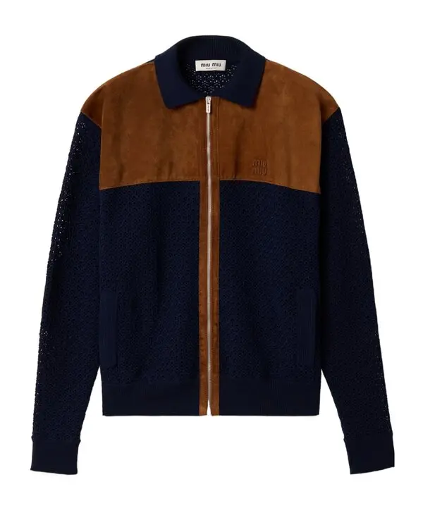 Miu Miu Cotton Crochet And Suede Cardigan - Blue