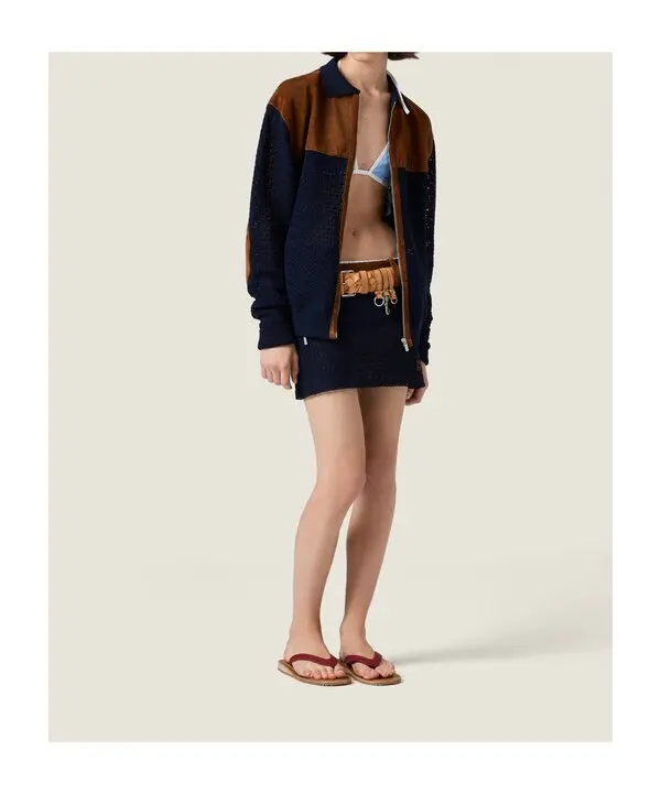 Miu Miu Cotton Crochet And Suede Cardigan - Blue