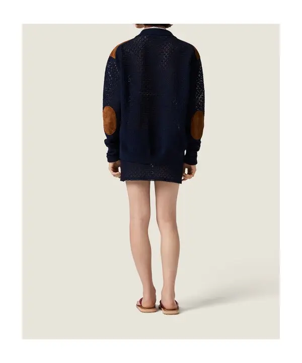 Miu Miu Cotton Crochet And Suede Cardigan - Blue