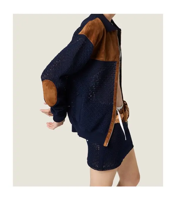 Miu Miu Cotton Crochet And Suede Cardigan - Blue