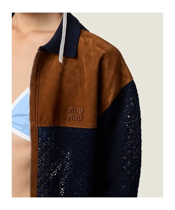 Miu Miu Cotton Crochet And Suede Cardigan - Blue